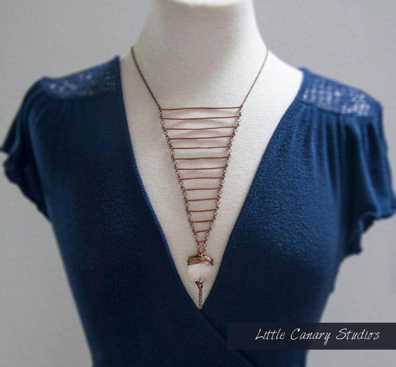 Hand-hammered Copper Wire Bar Ladder Necklace With Crystal - Etsy