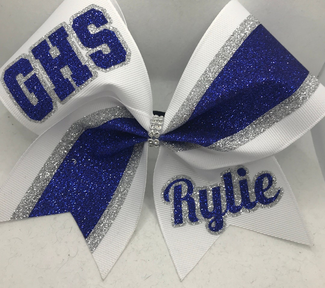 Cheer Bow Custom Royal Blue Silver White Ribbon School Initials / Name ...