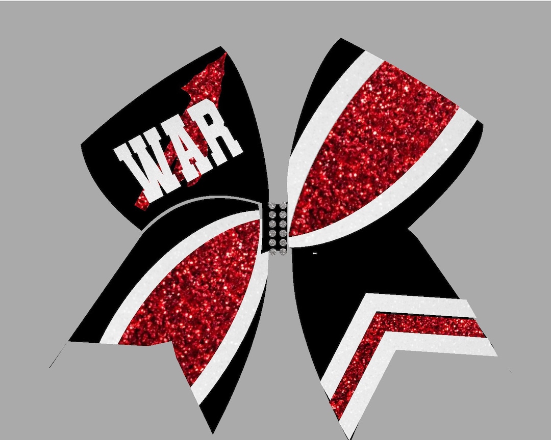 Custom Mascot School Cheer Bow - Black Ribbon Red and White Glitter ...