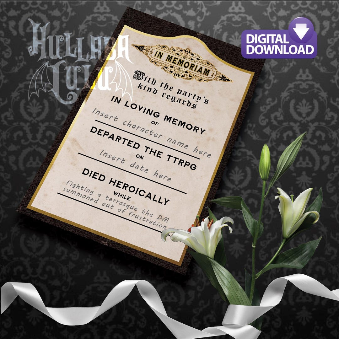 TTRPG Mourning Card, Character Death, Memorial for D&D Character ...