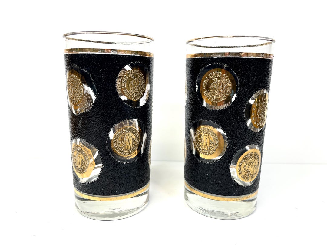 2 Libbey Glass Black and Gold Coin Glasses MCM Mid Century Modern - Etsy