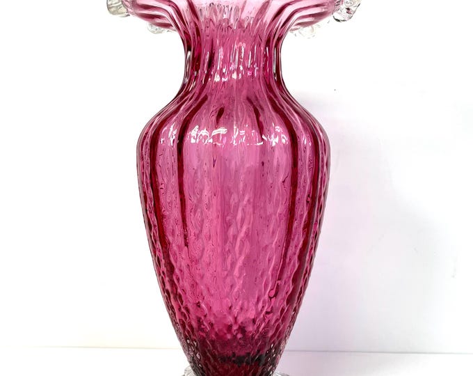 Angelo Rossi Hand Blown Glass Cranberry Vase Ribbed Cross Hatch 11 1/4 ...