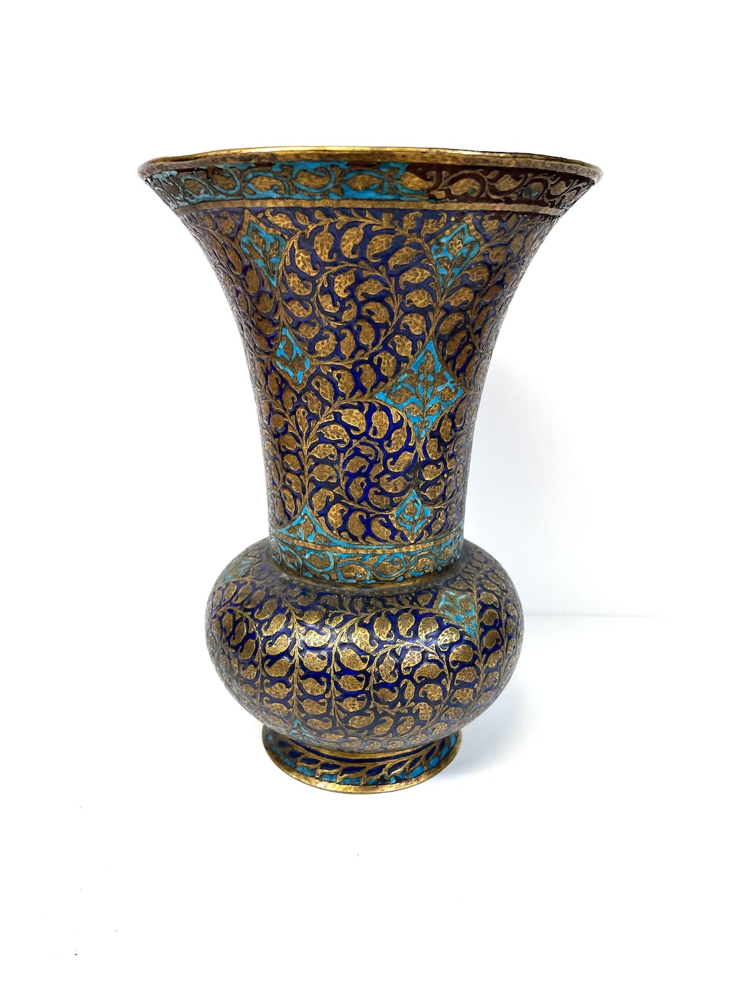 Antique Kashmir Persian Middle East Brass Gilt Enameled Champleve Vase ...