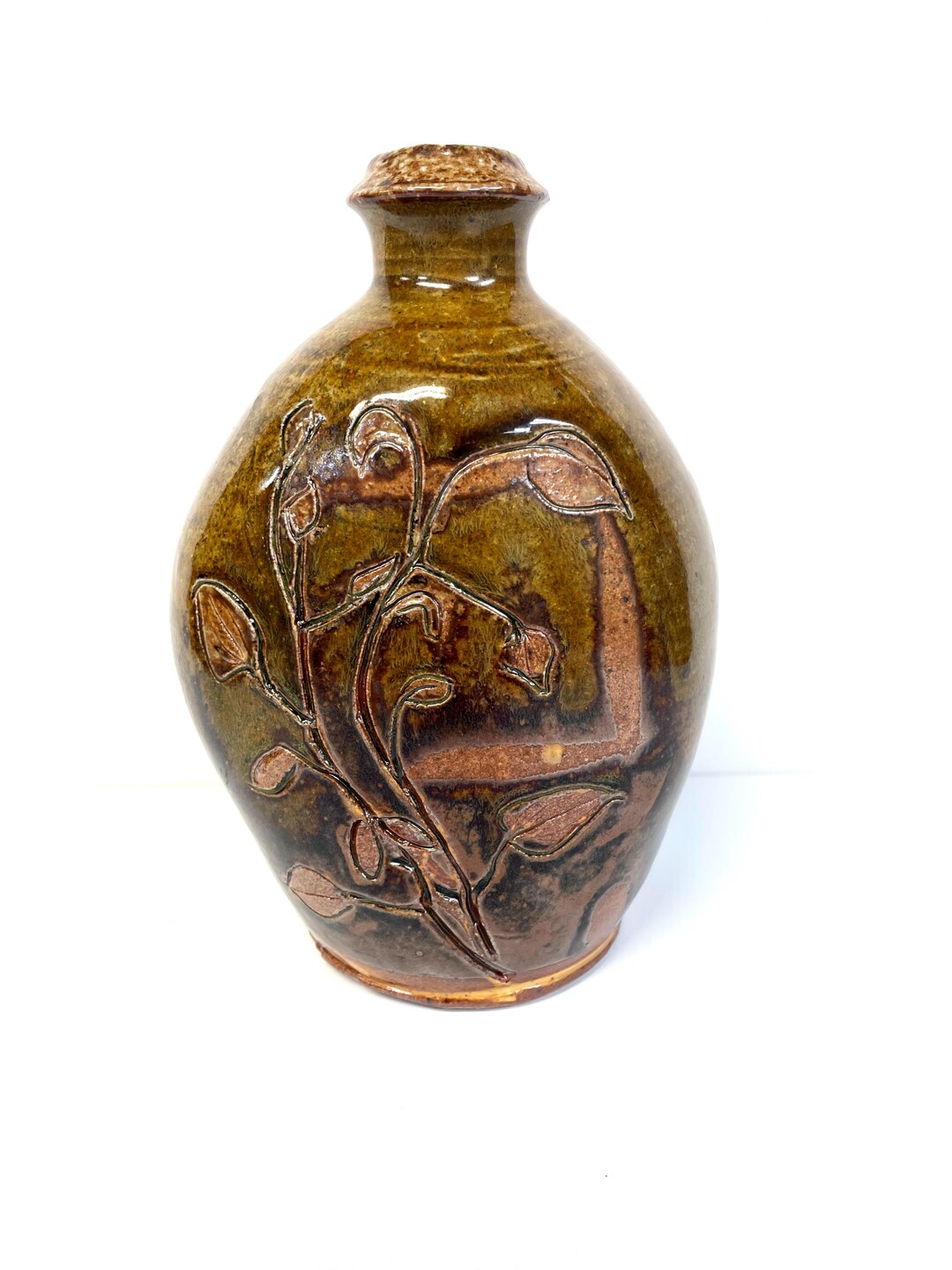 Hand Thrown Southern Pottery Engraved Pinched Flask Bottle Vase Signed ...