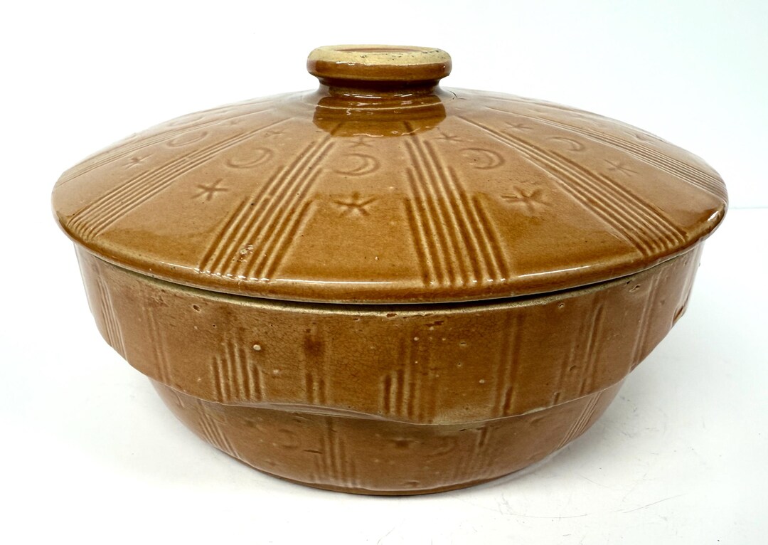 Antique Watt Pottery Stoneware Moon & Star Mixing Bowl W/ Lid Pumpkin ...