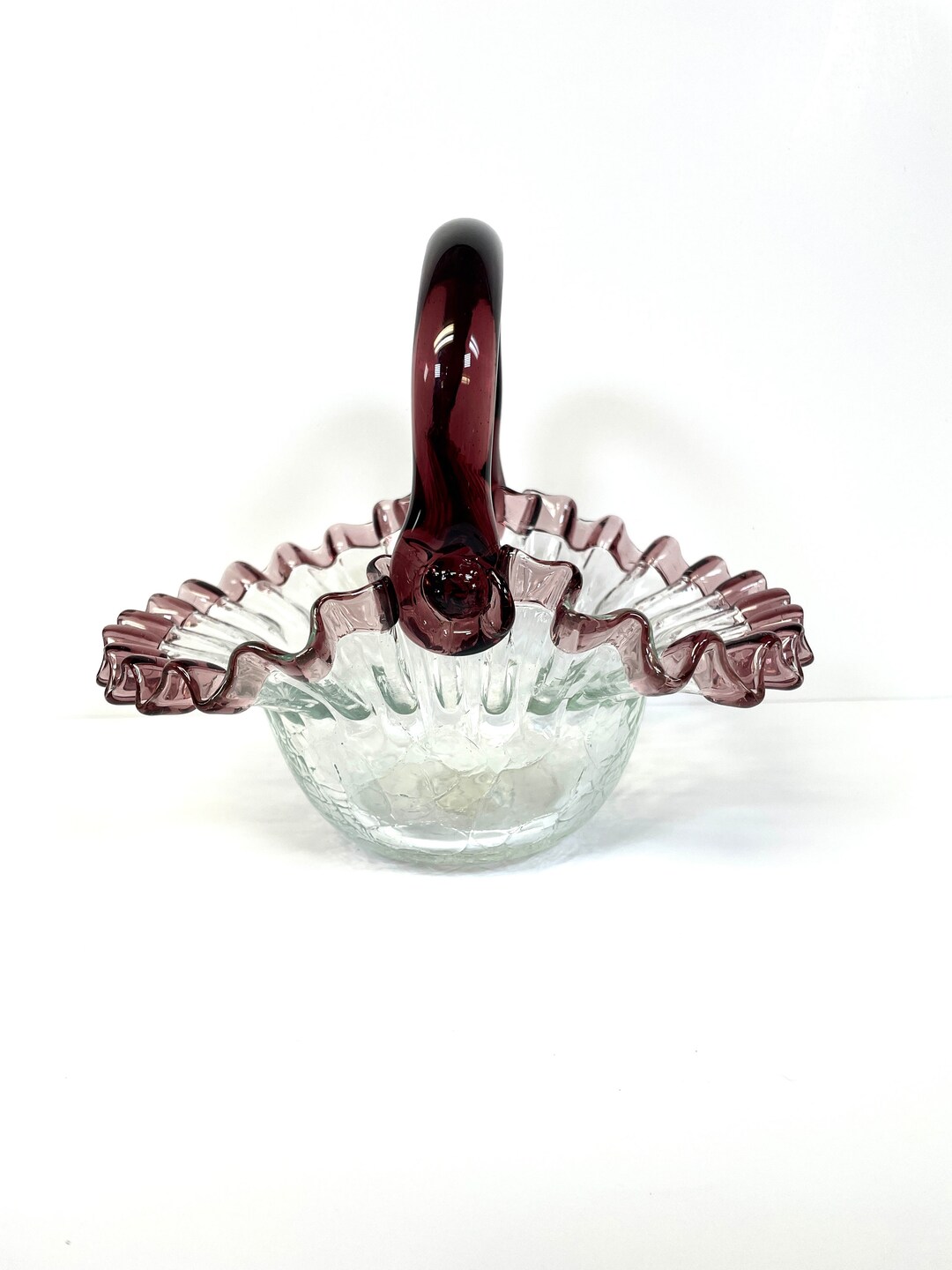 Blenko or Kanawha Art Glass Crackle Basket W/ Amethyst Purple Crest ...