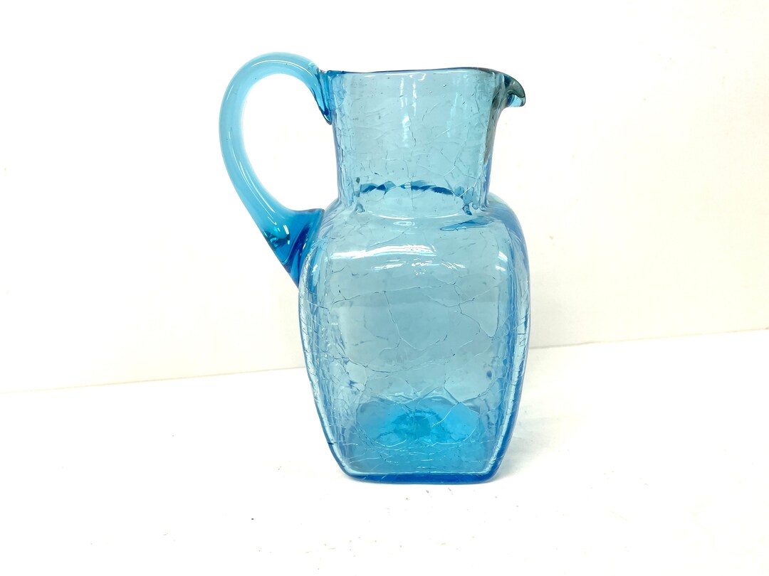 MCM Mid Century Modern Kanawha Blue Crackle Glass Pitcher Hand Blown - Etsy