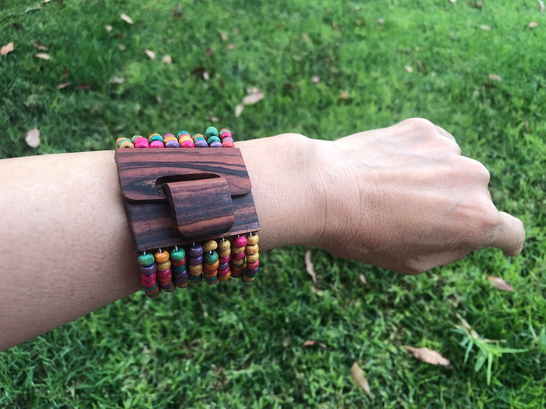 Adjustable Multi Strand Elastic Stretch Multi Color Wood Beads Beaded ...