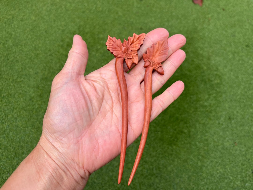 Set of 2:handcarved Oak Leaves With Acorn Wood Hair Pin Wood Hair Stick ...