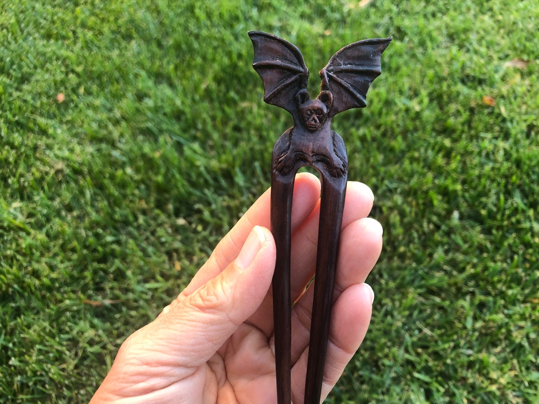 Two Prongs BAT Wooden Wood Hair Fork.bat Wood Hair Pin. Bat Wood Hair ...