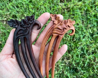 Autumn Wooden Carved Hair Stick Acorns Leaf/ Hair Fork 2 Prongs / Hair ...