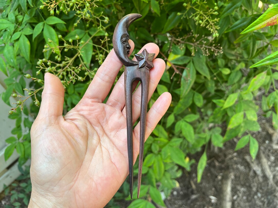 Two Prongs CRESCENT Moon Half MOON FACE Wooden Wood Hair Stick/half ...
