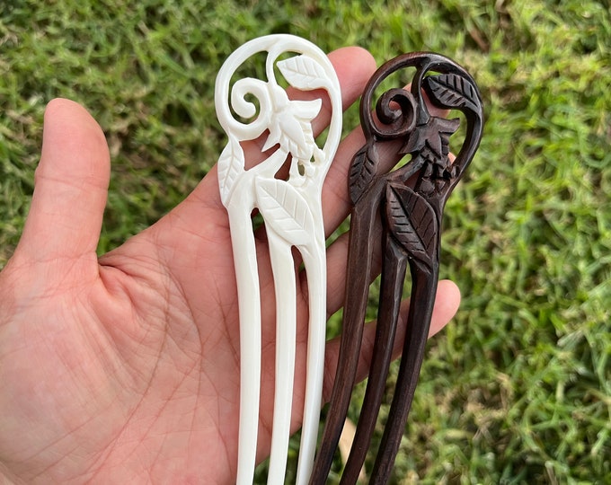 Three Prongs Hand Carved Hair Fork.wood Flower Hair Stick.wooden Flower ...