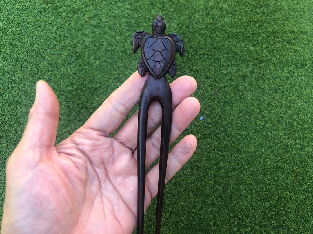 Two Prongs Hand Carved TURTLE Wooden Hair Fork.turtle Wood Hair Stick ...