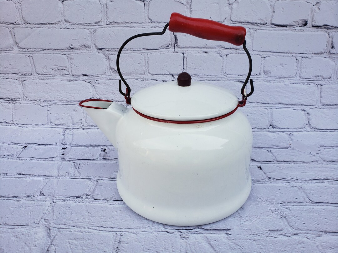 Vintage Enamel Tea Kettle White With Red Trim - Etsy