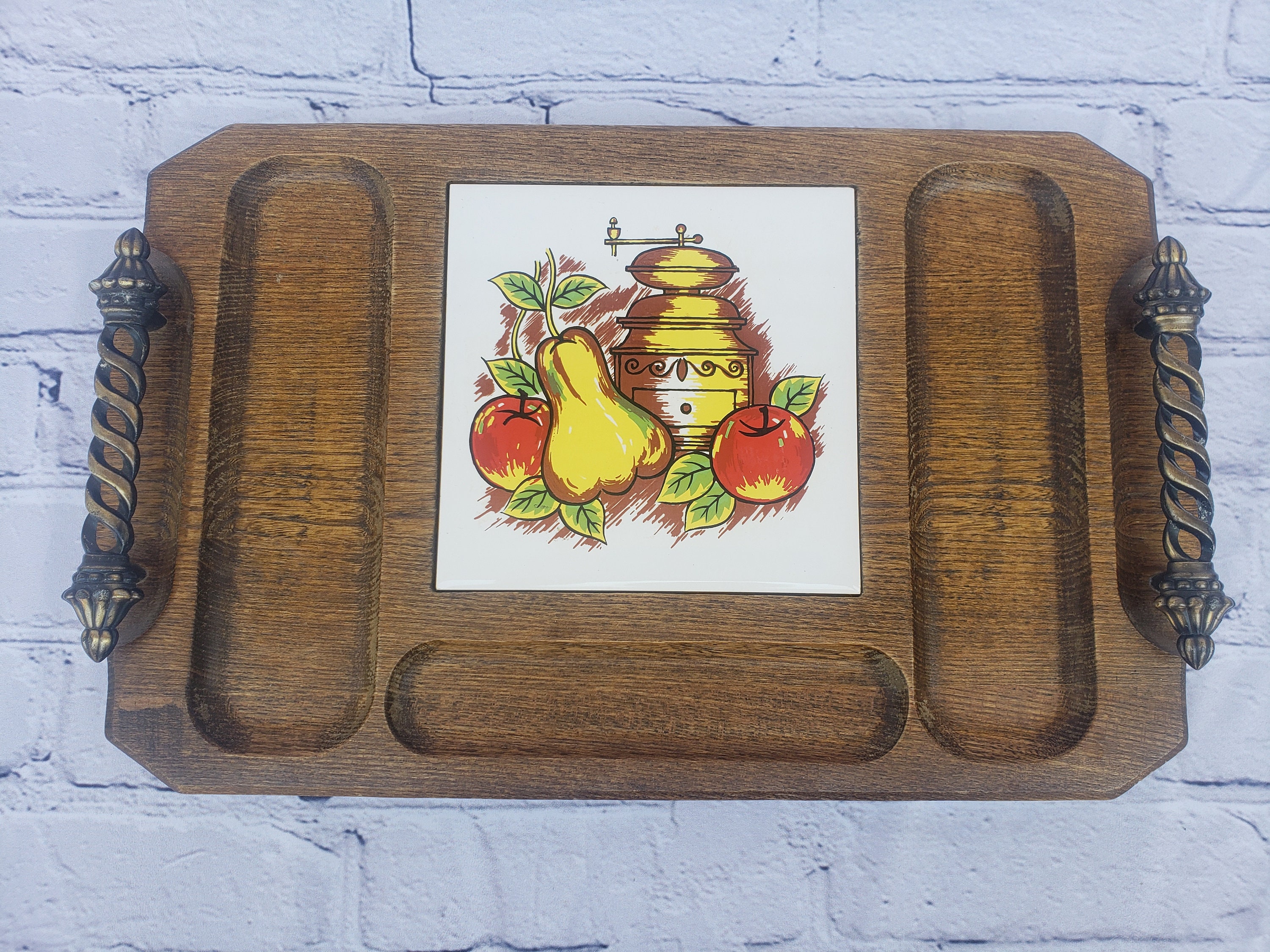 Vintage Wood Serving Tray With Tile and Metal Handles - Etsy
