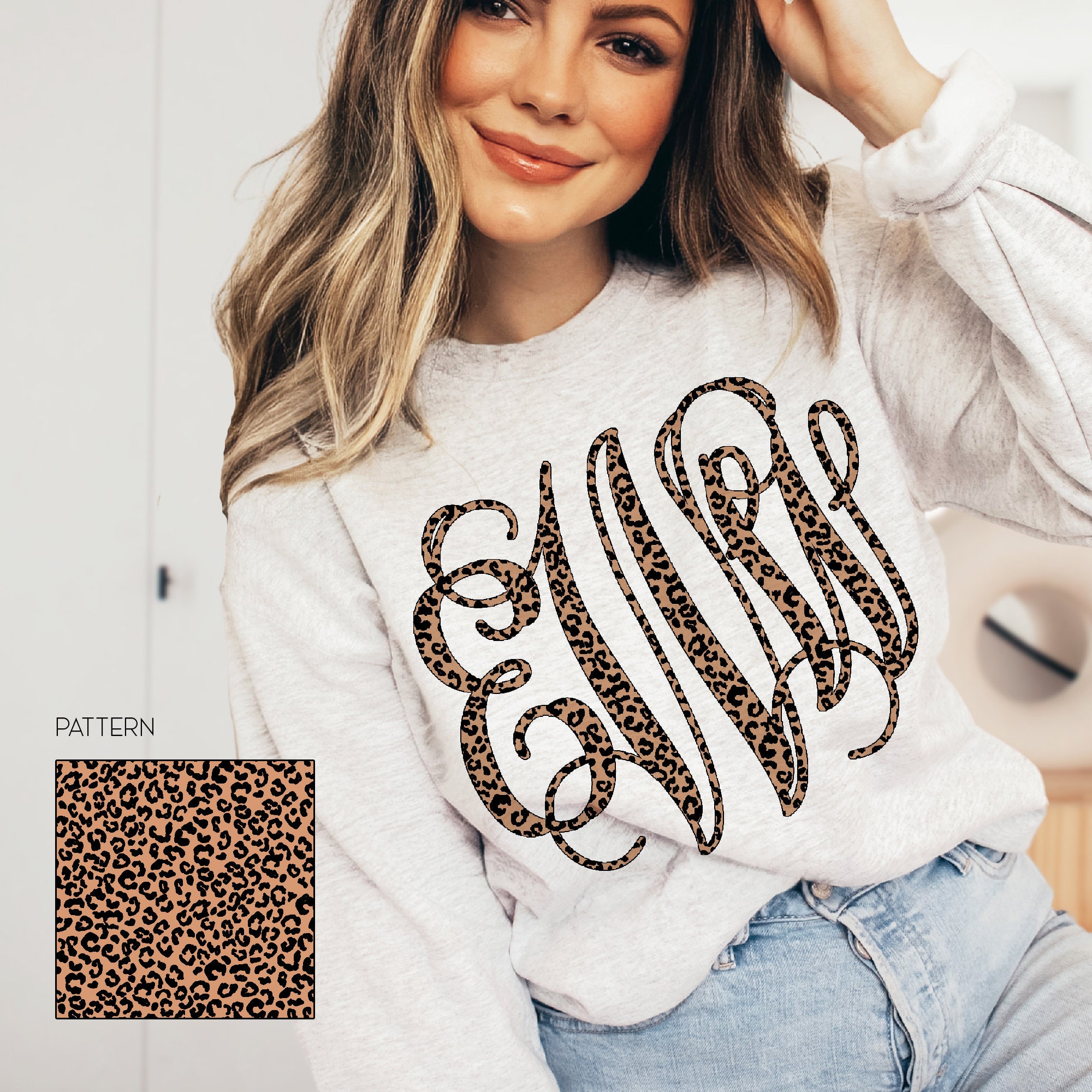 Monogram Leopard Sweatshirt Large Monogram Sweatshirt - Etsy