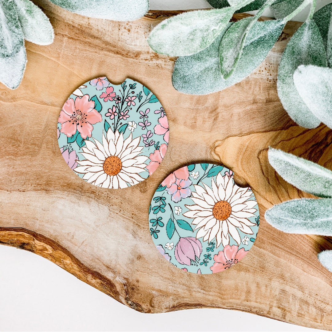 Blue Floral Leopard Car Coasters, Cute Daisy, Car Coasters, Set of 2 ...