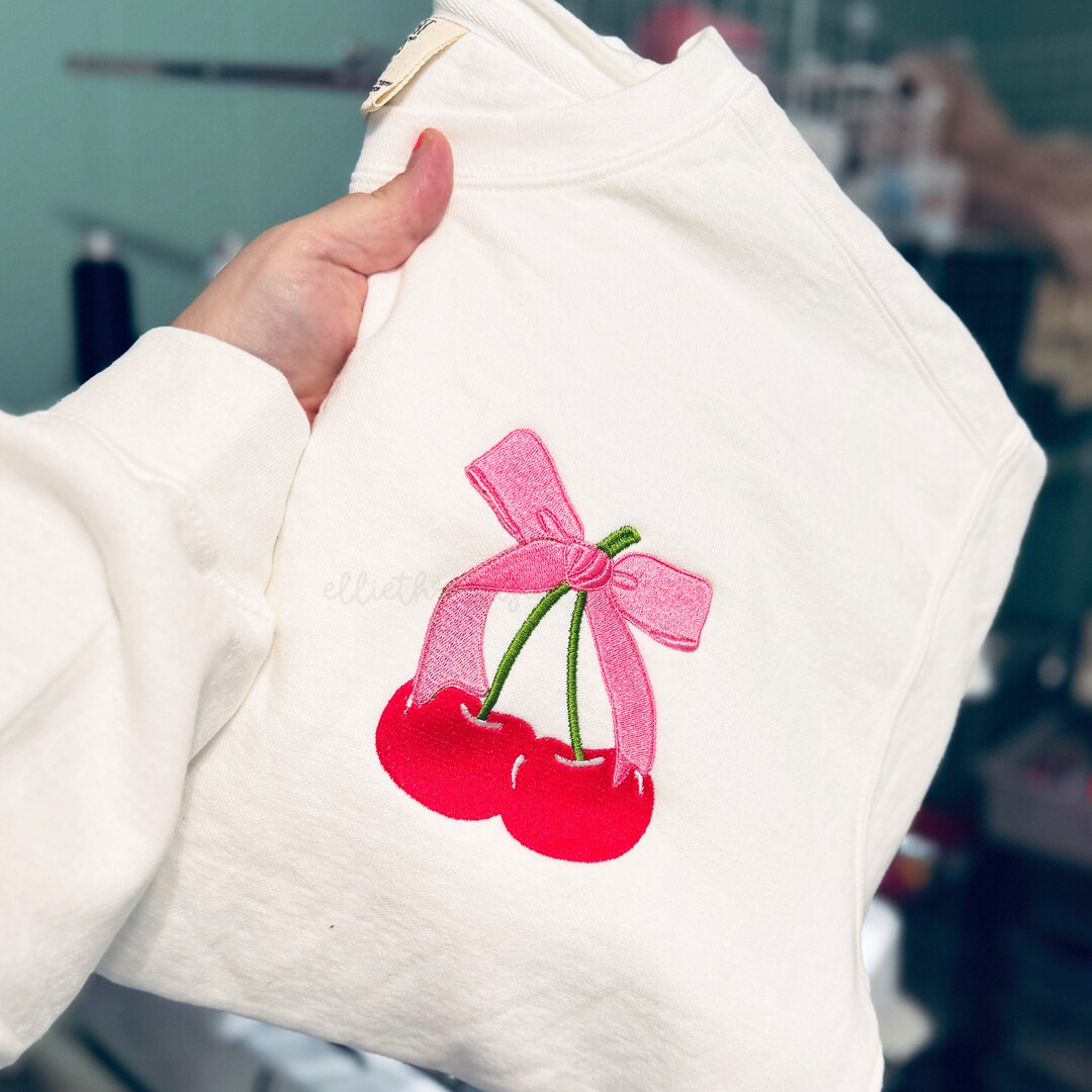 Cherry Bow Coquette Embroidered Sweatshirt, Embroidered Cherry Bow ...