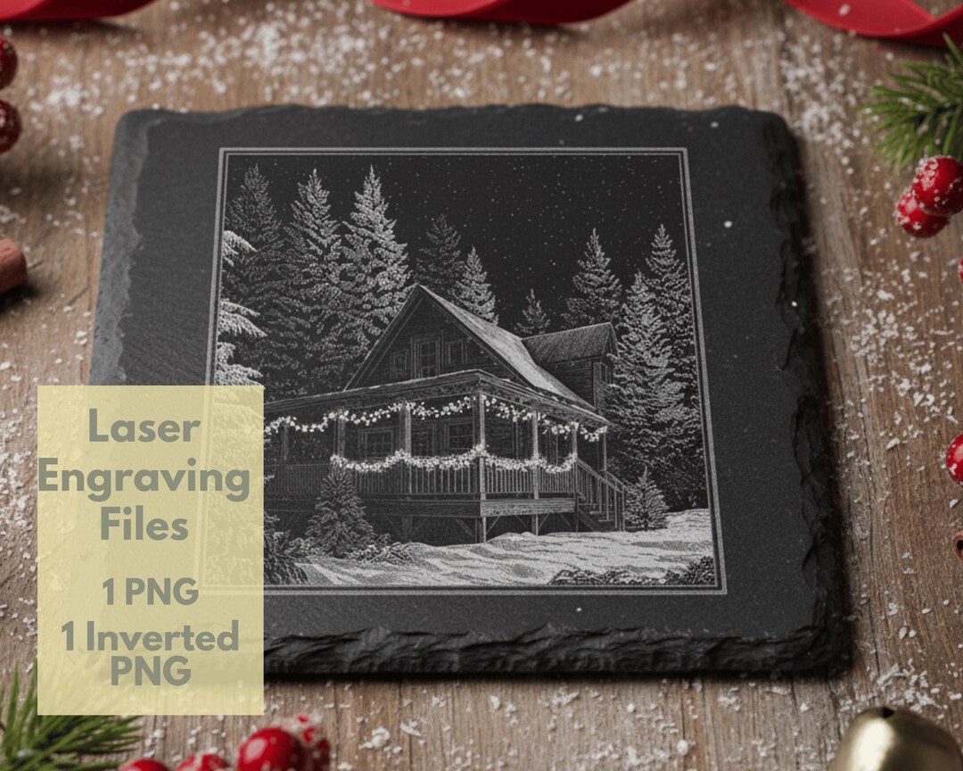 Winter Cabin Christmas Engraving Design | Black & White PNG for Laser ...
