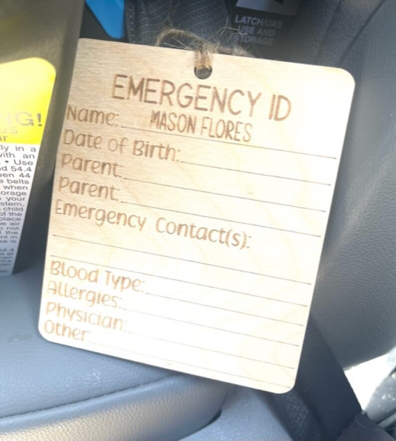 Personalized Child's Emergency ID Car Seat Tag - Car Seat Emergency Tag ...