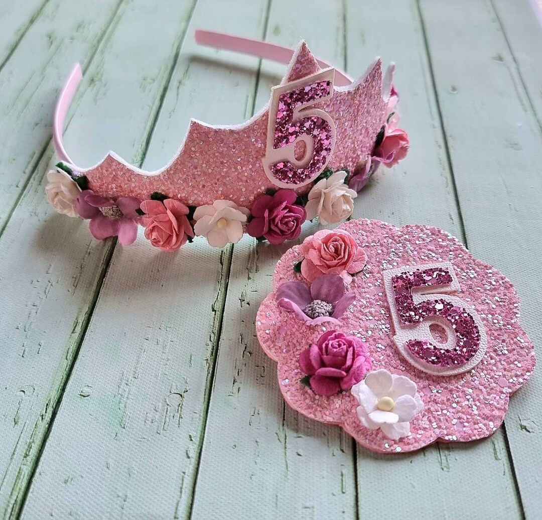 Birthday Tiara and Badge, Pink Princess Tiara, Pink Birthday Badge, Any ...