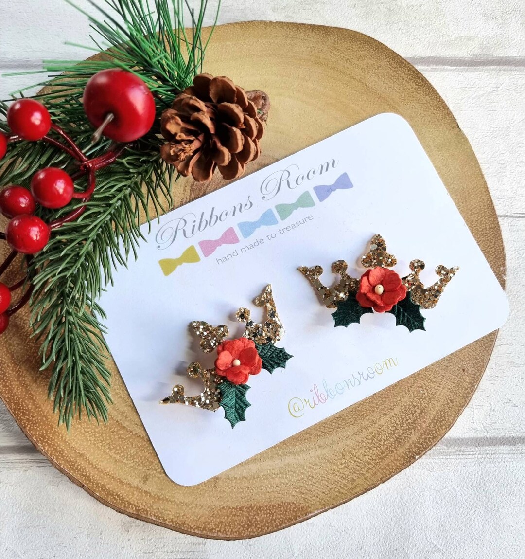 Gold Glitter Princess Tiara Hair Clips: Christmas Pigtail Bows (set of ...