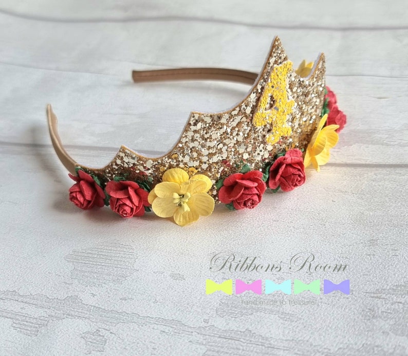 Birthday Princess Tiara, Red and Yellow Floral Crown, Gold Glitter - Etsy