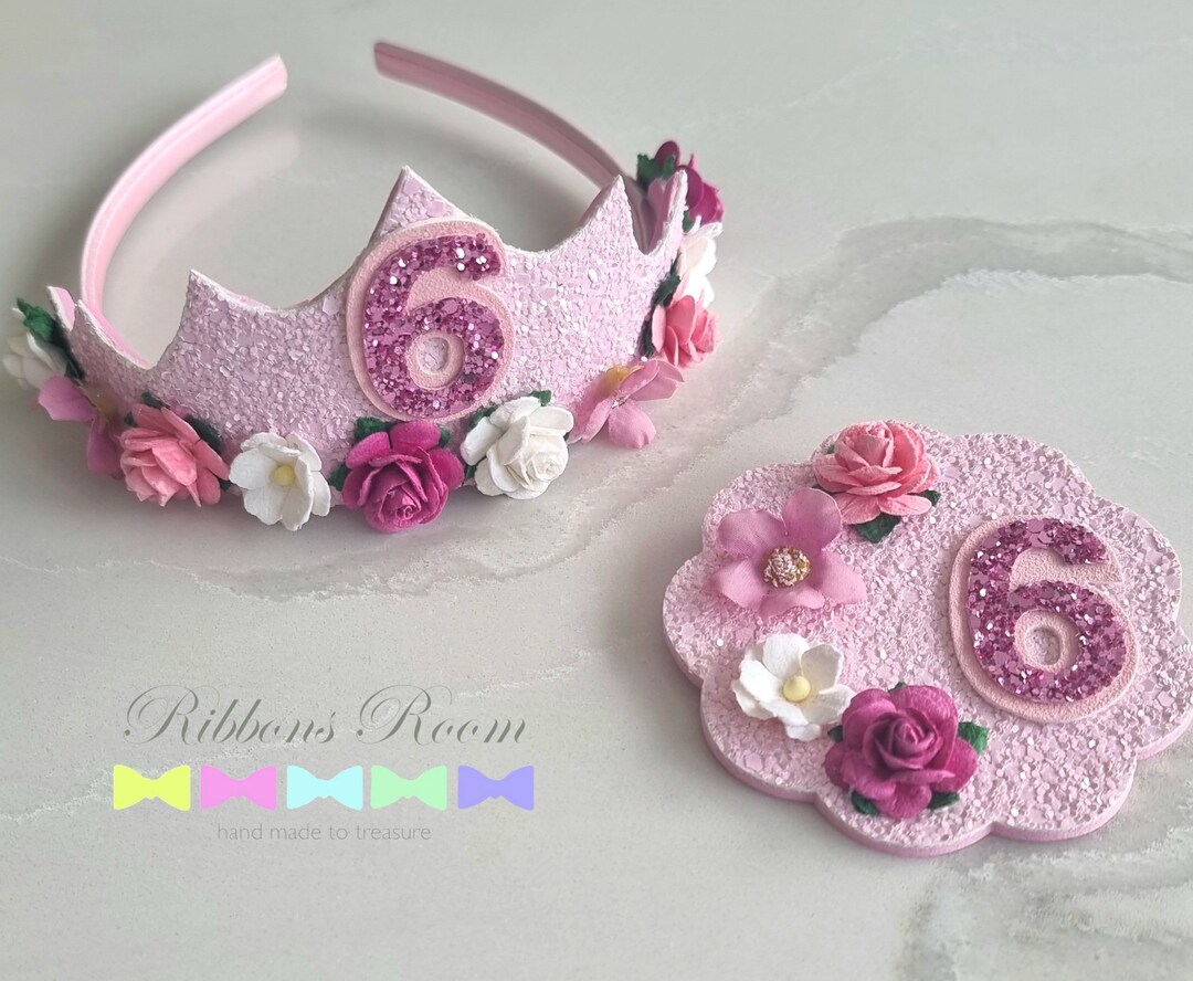 Birthday Tiara and Badge, Pink Princess Tiara, Pink Birthday Badge, Any ...