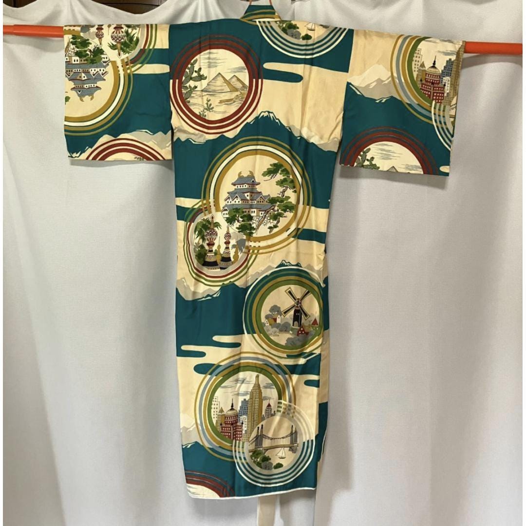 Used Vintage Japanese Boys Silk Kimono Awase Lined Robe Castle Samurai ...