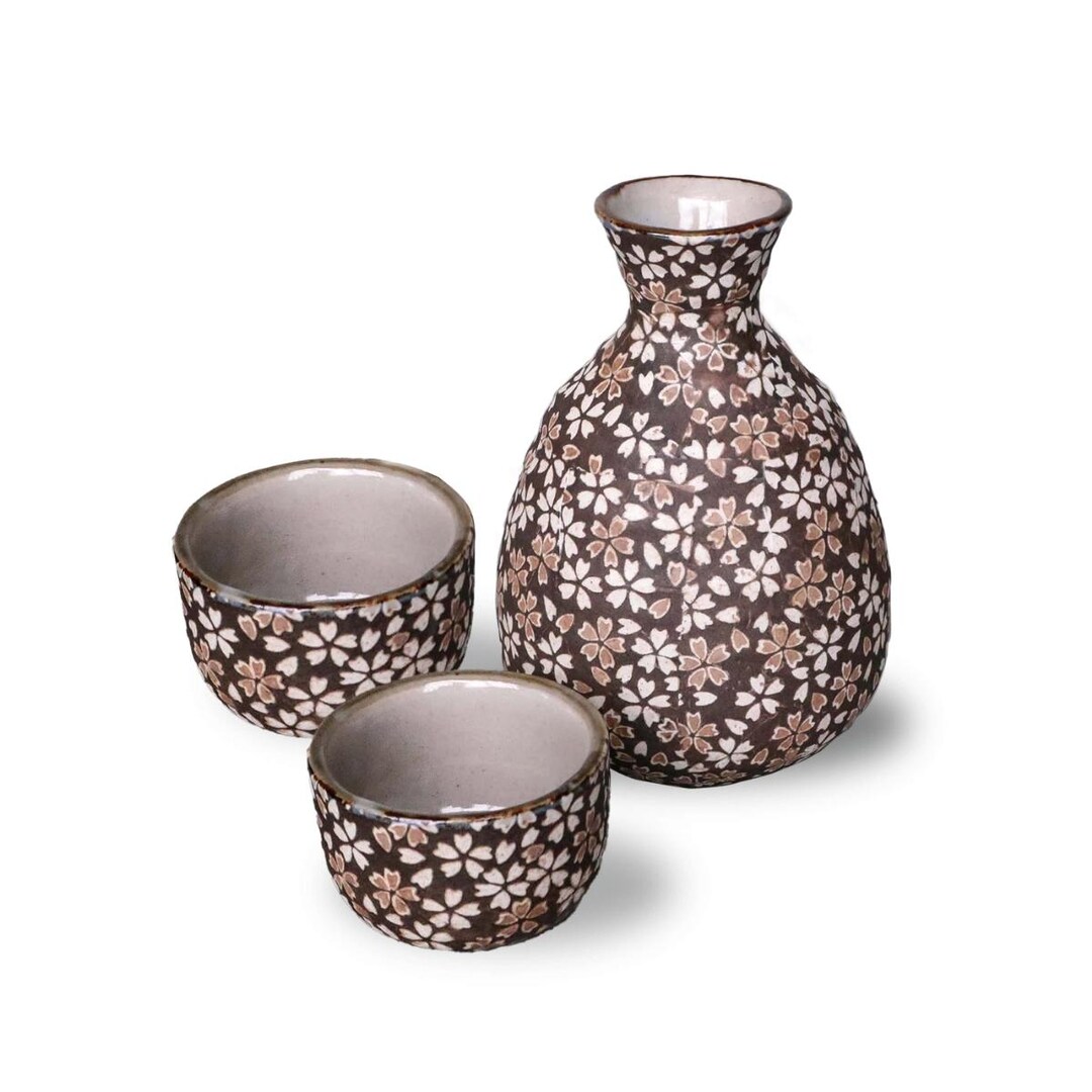 Sakura Tokkuri and Ochoko Set – Brown Ceramic Sake Bottle and Cup – Made in Japan by Awasaka ...