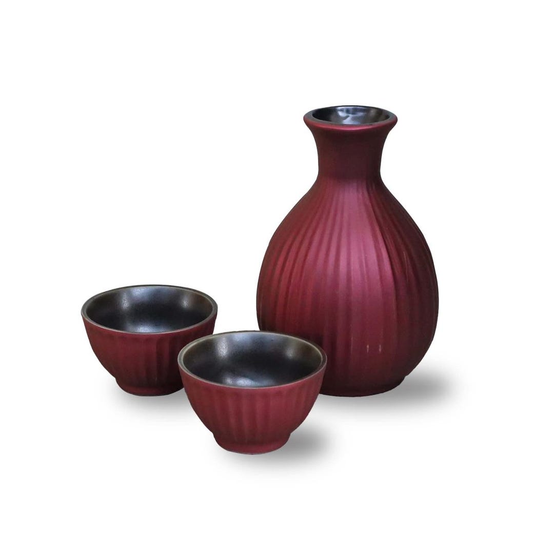 Made in Japan Tokkuri Ochoko Topaz Red Japanese Sake Bottle Cups in a ...