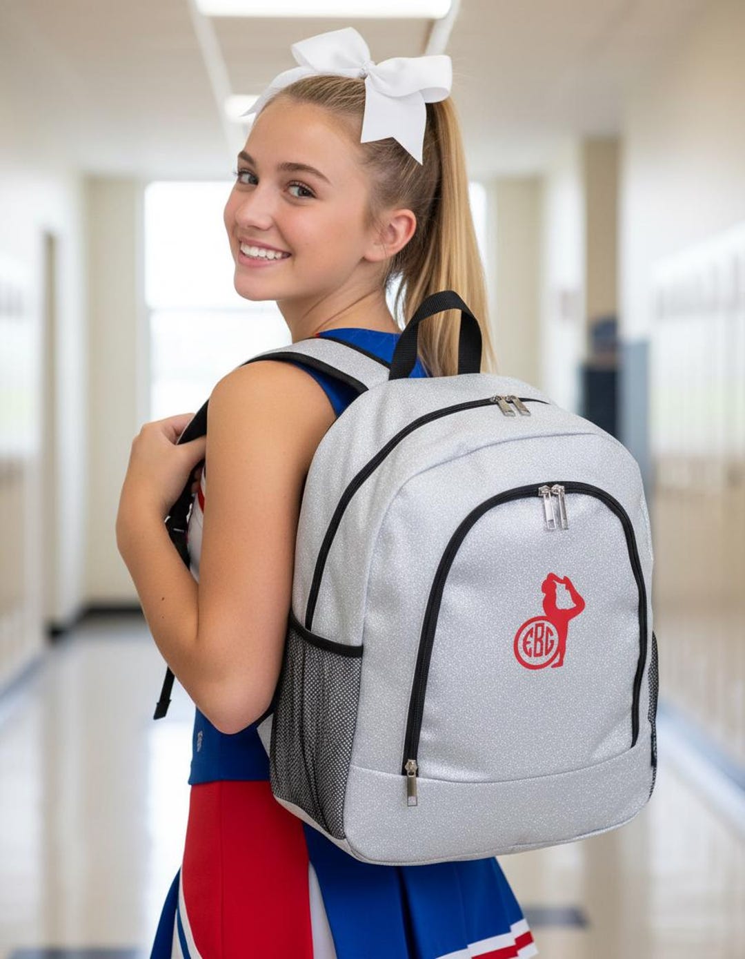 Silver Glitter Backpack Personalized, Cheer Bag Custom, Red Monogram ...