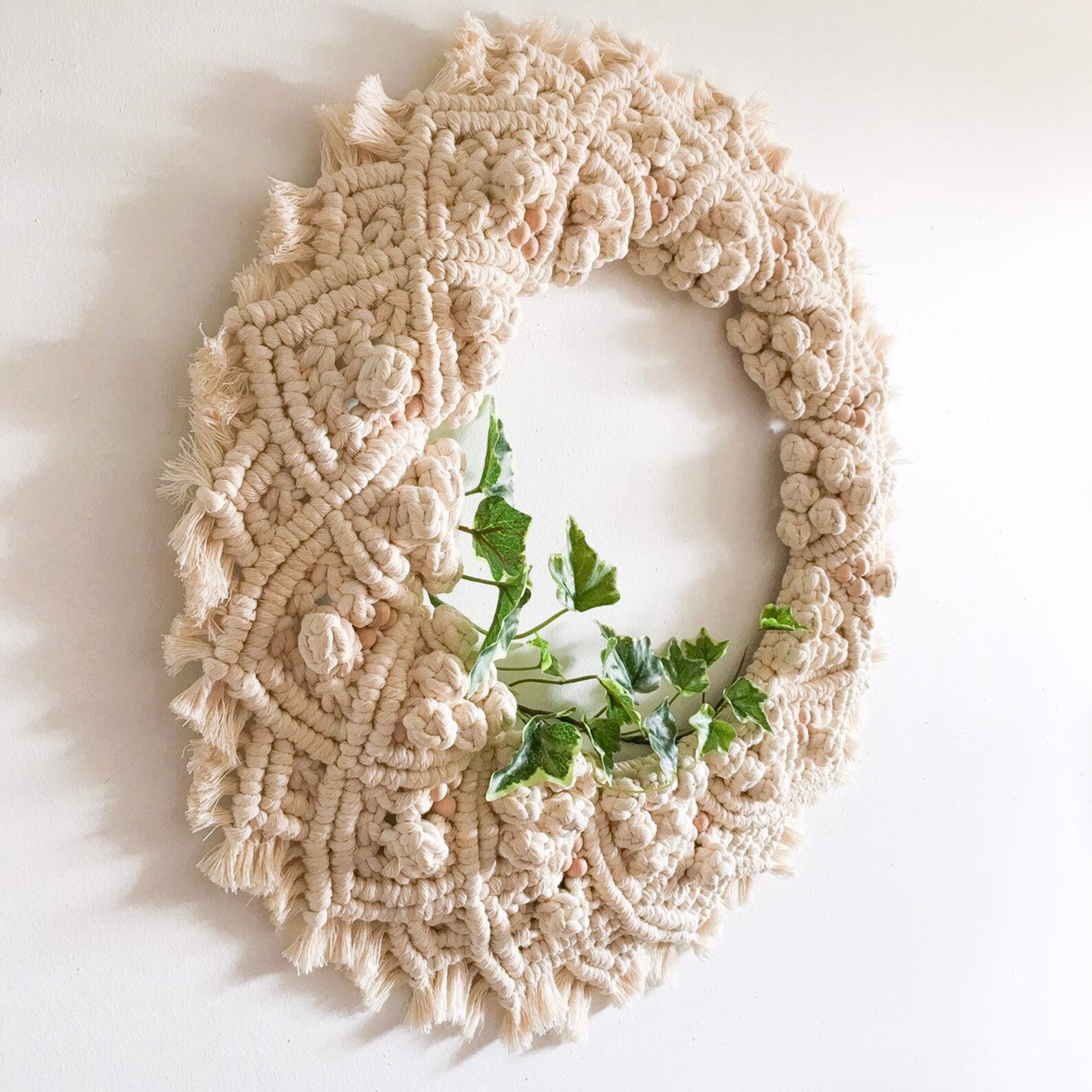 Ecru Circular Macrame Wall Hanging on a Metal Hoop Cozy Boho Home Decor ...