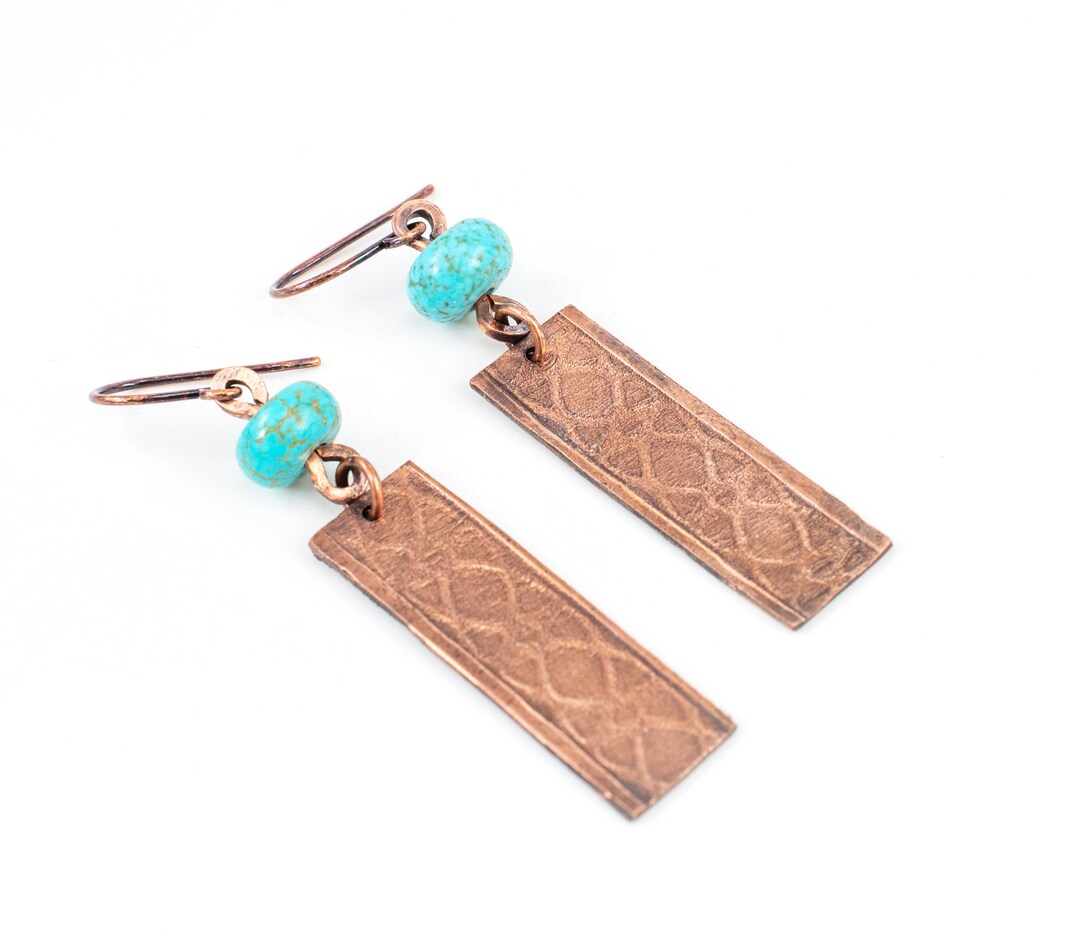 Turquoise Copper Bar Earrings Textured Copper Earrings - Etsy