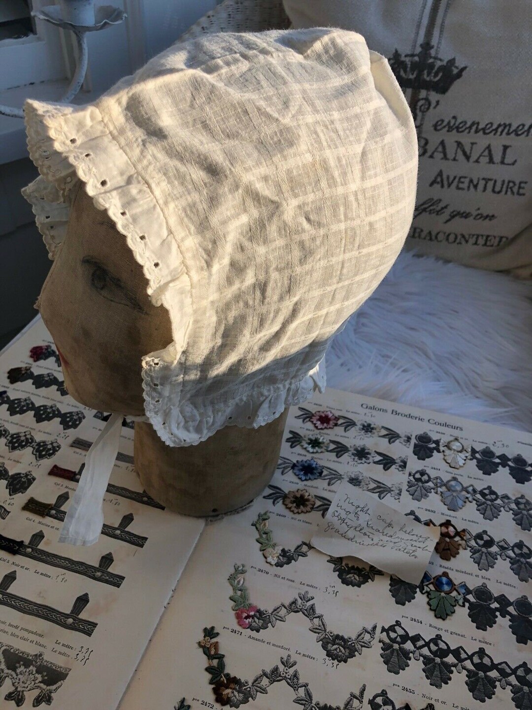 Antique Provenance Early Nineteenth Century Homespun Night Cap Bonnet ...