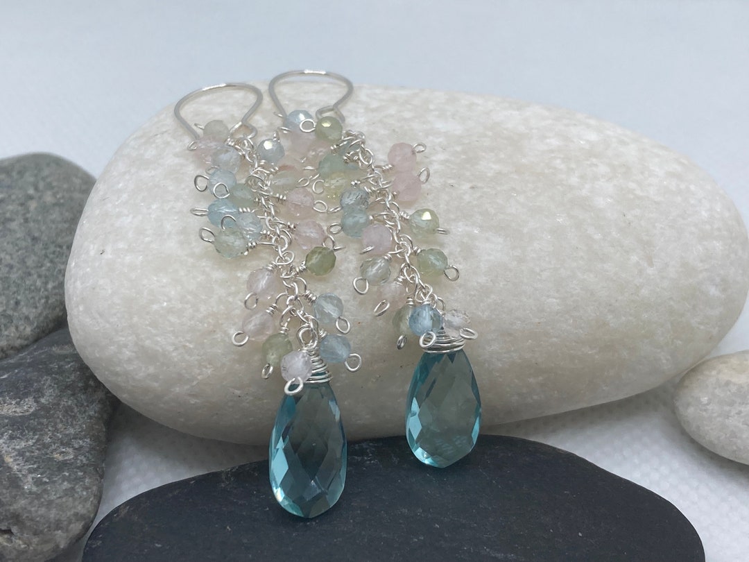 Aqua Marine Quartz Beryl Gemstone Cluster Boho Birthstone Earrings - Etsy