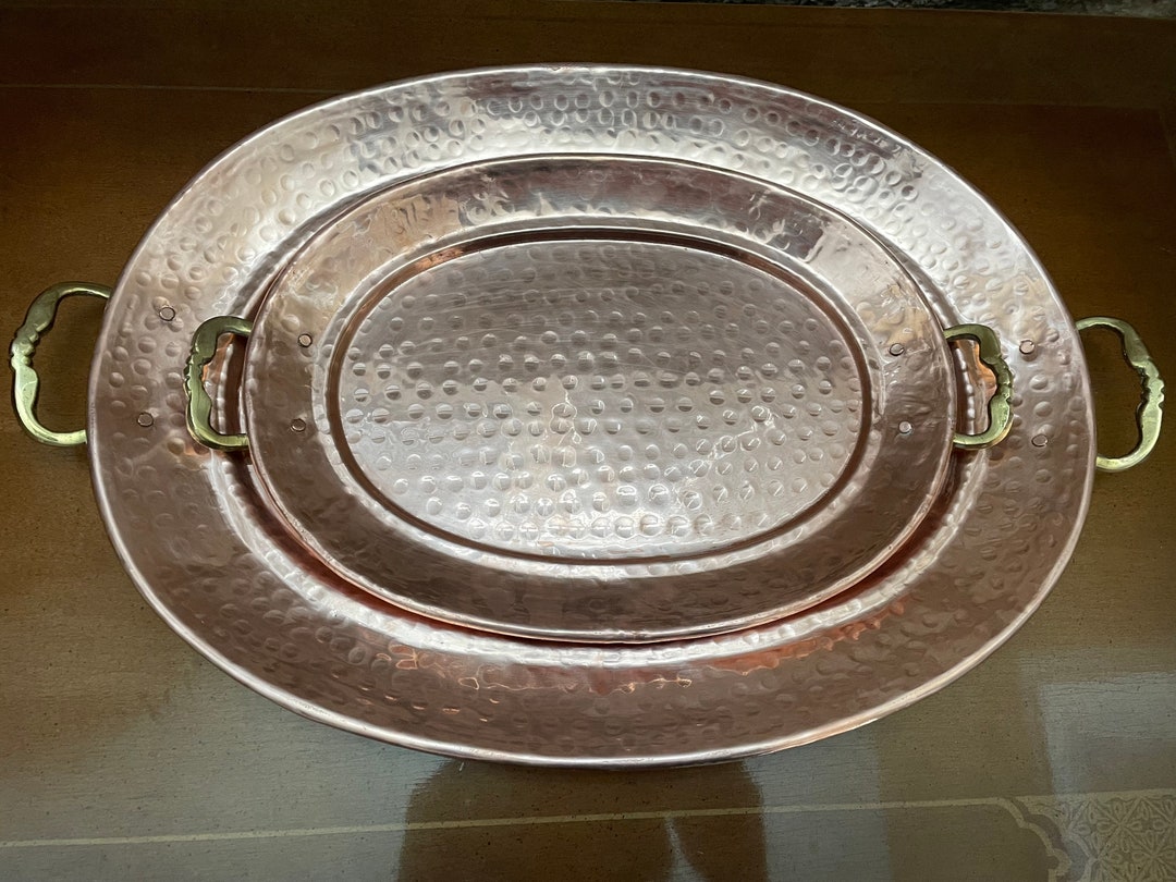 A Lovely Set of Two Hand Hammered Copper Trays With Brass Handles ...