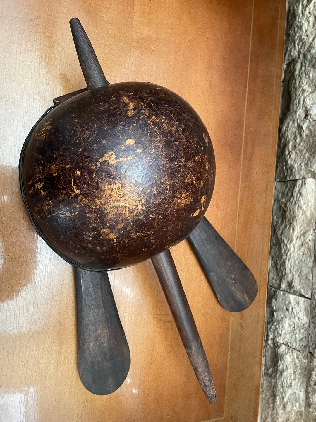 Vintage Mali Wood/ Gourd Leather and Cowrie Shells Drum and Drum Stick ...