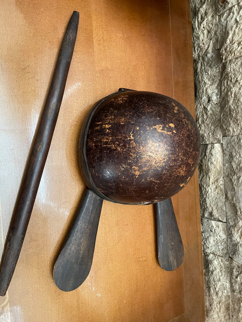 Vintage Mali Wood/ Gourd Leather and Cowrie Shells Drum and Drum Stick ...