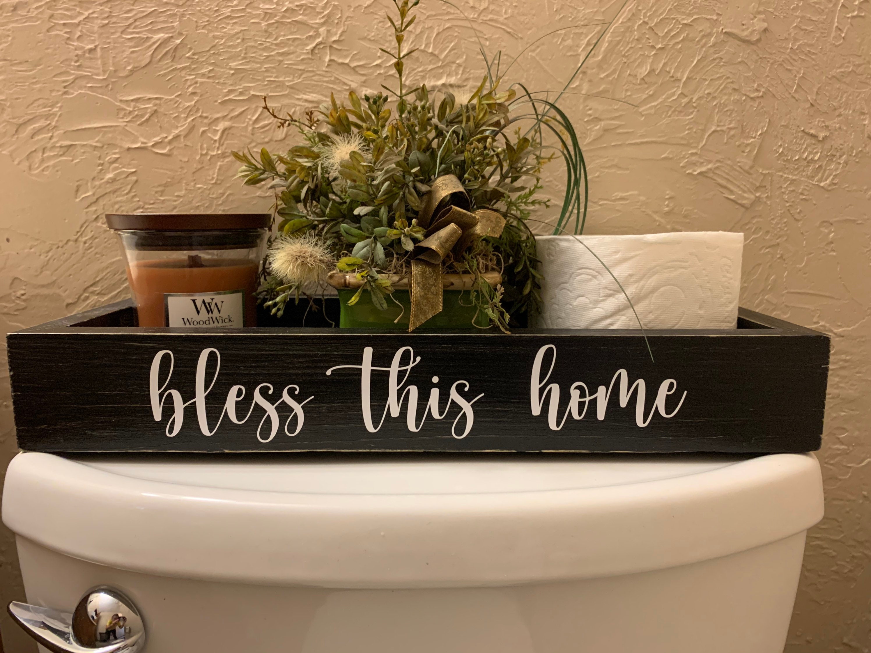 kitchen counter caddy back of toilet box Centerpiece box Bless This ...