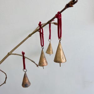 Small Rustic Cone Bell Tree Decorations Ornaments With Burgundy Velvet Ribbon set of 4 - Etsy
