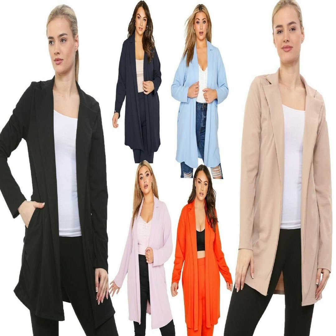 Plus Size Longline Blazer Open Front Pocket Work Office Jacket Ladies ...
