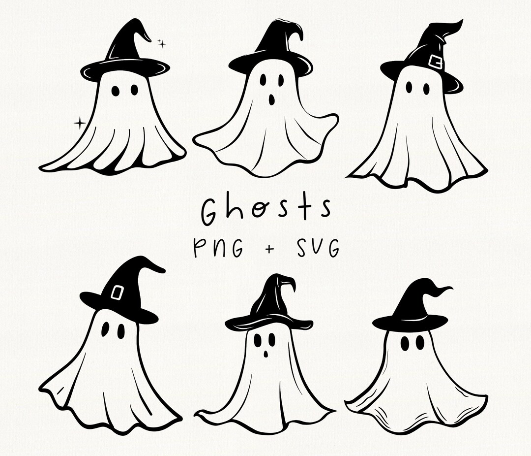 Whimsical Halloween Ghost Clipart With Witch Hats | 6 Doodle Ghost ...