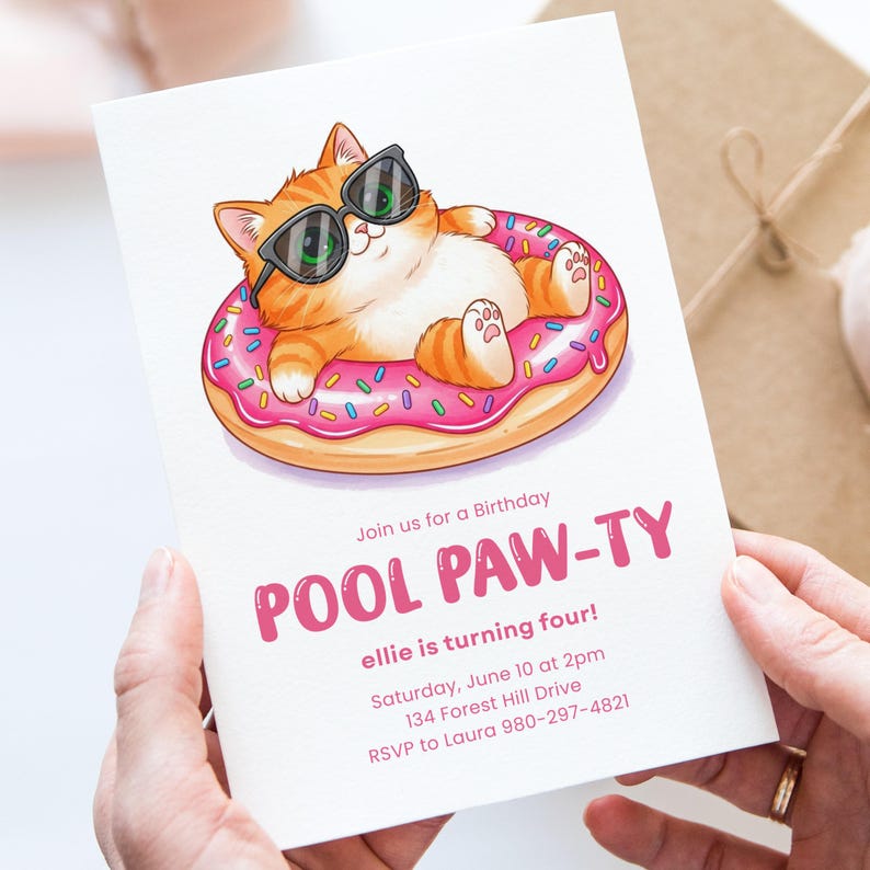 Pool Paw-ty Canva Invite Template, Cat Birthday Invite, Funny Kitten ...