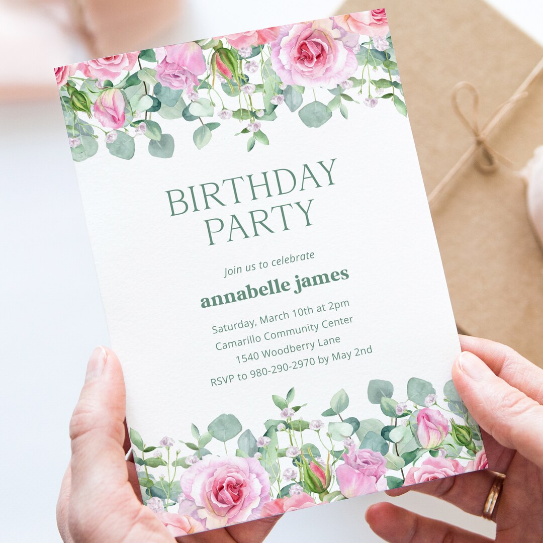 Pink Rose Birthday Invitation Template, Printable Birthday Invite ...