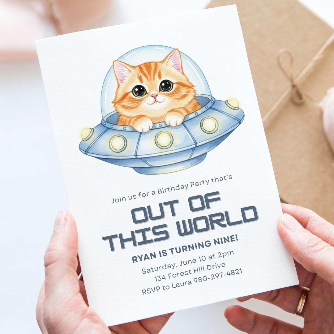 Space Cat Birthday, Canva Invite Template, Out of This World Party ...