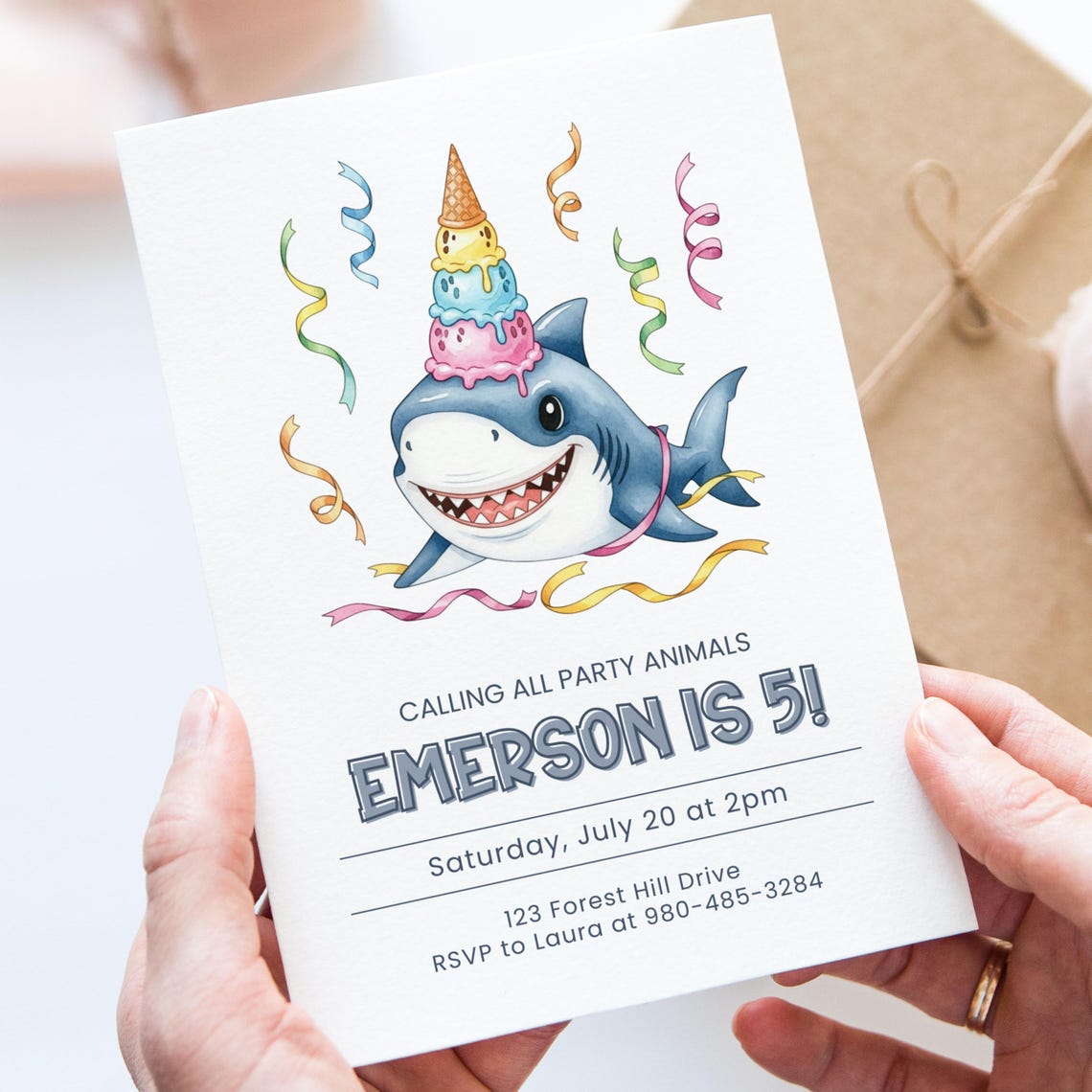 Shark Birthday Canva Invite, Ice Cream Shark Party Template, Under the ...