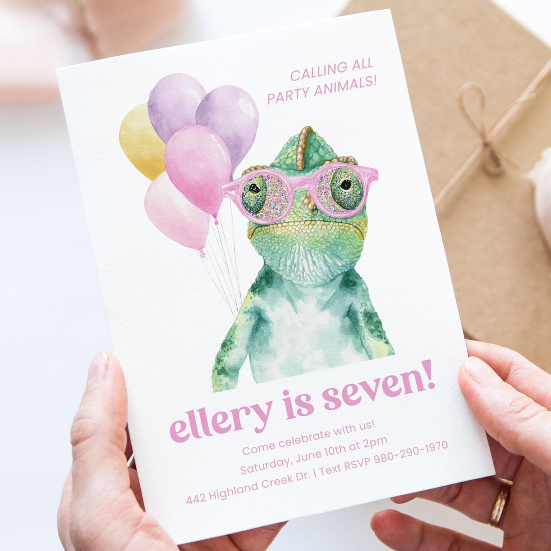 Chameleon Birthday Invitation • Funny Party Animal Invite With Balloons ...