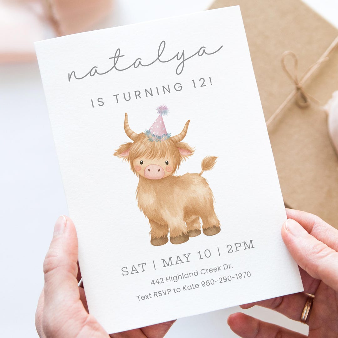 Highland Cow Tween Birthday Invite, Editable Corjl Template for Girl ...